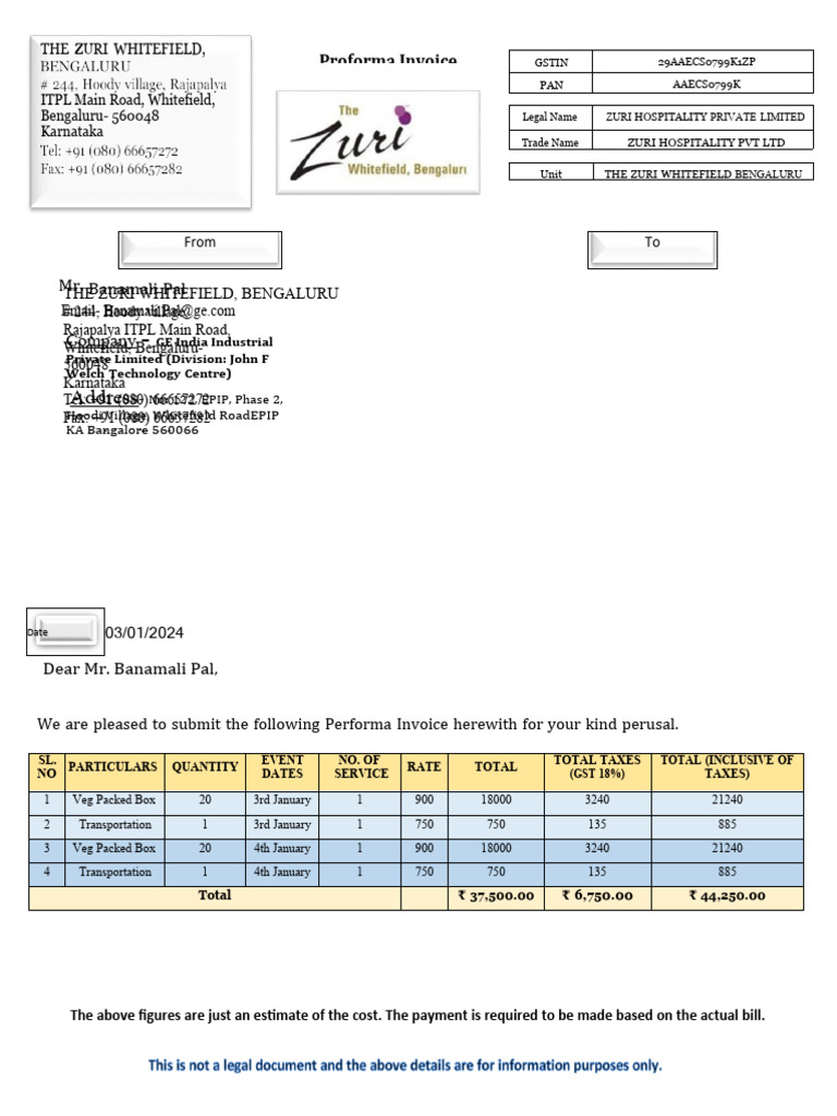 Performa Invoice For Packed Lunch GE 3rd, 4th & 5th January 2024 | PDF ...