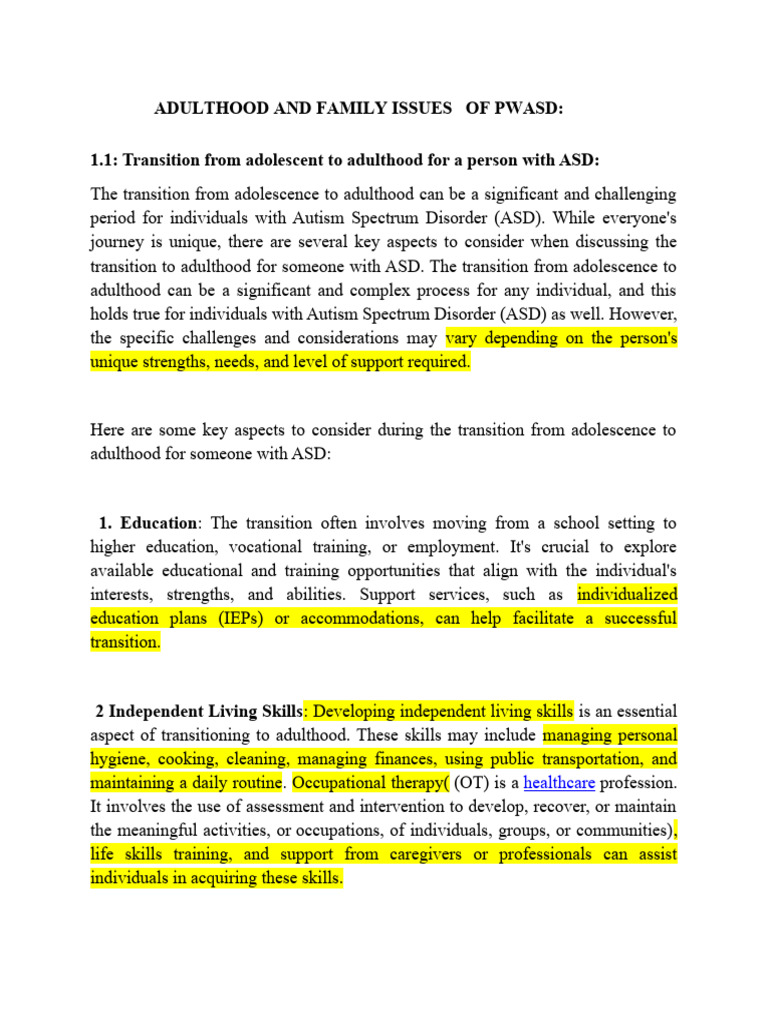 Adulthood and Family Issues of Pwasd: 1.1: Transition From Adolescent To Adulthood For A Person ...