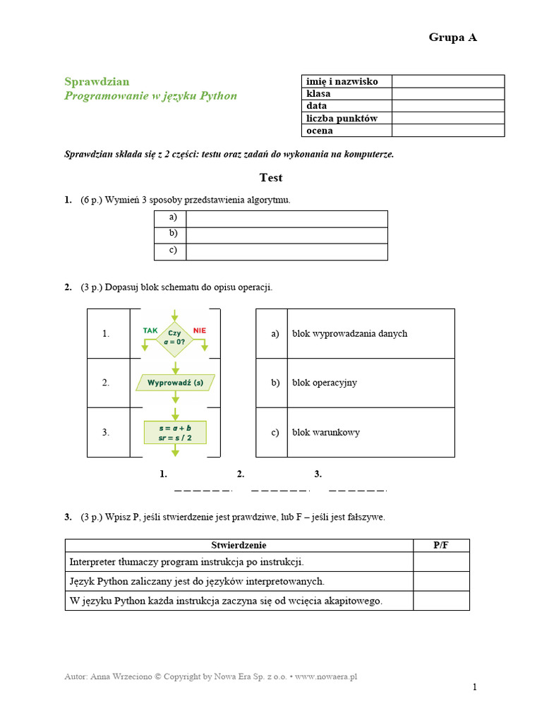 Sprawdzian Programowanie W Jezyku Python Grupa A | PDF