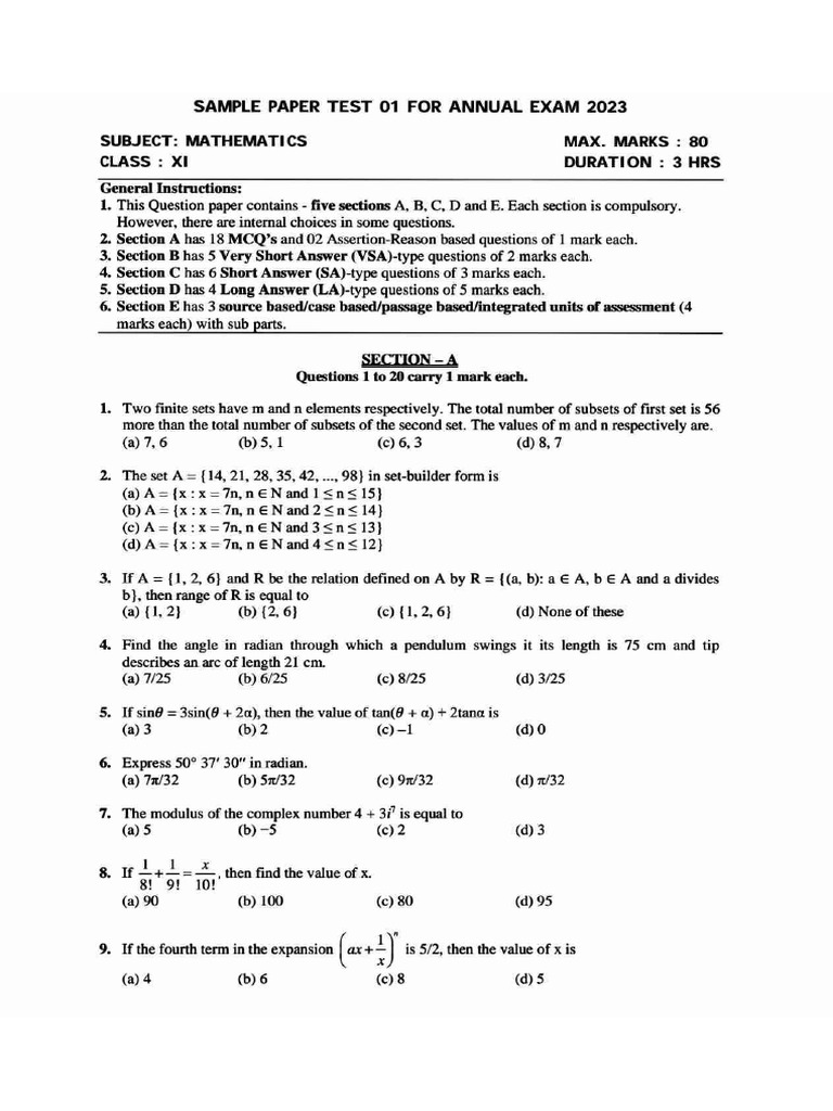 11th Maths Sample Paper 1-3 | PDF