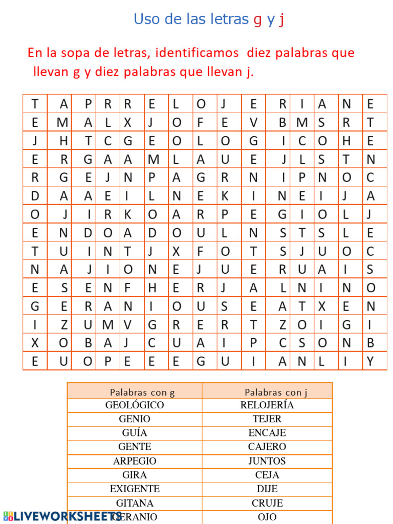 En La Sopa de Letras, Identificamos Diez Palabras Que Llevan G y Diez Palabras Que Llevan J | PDF