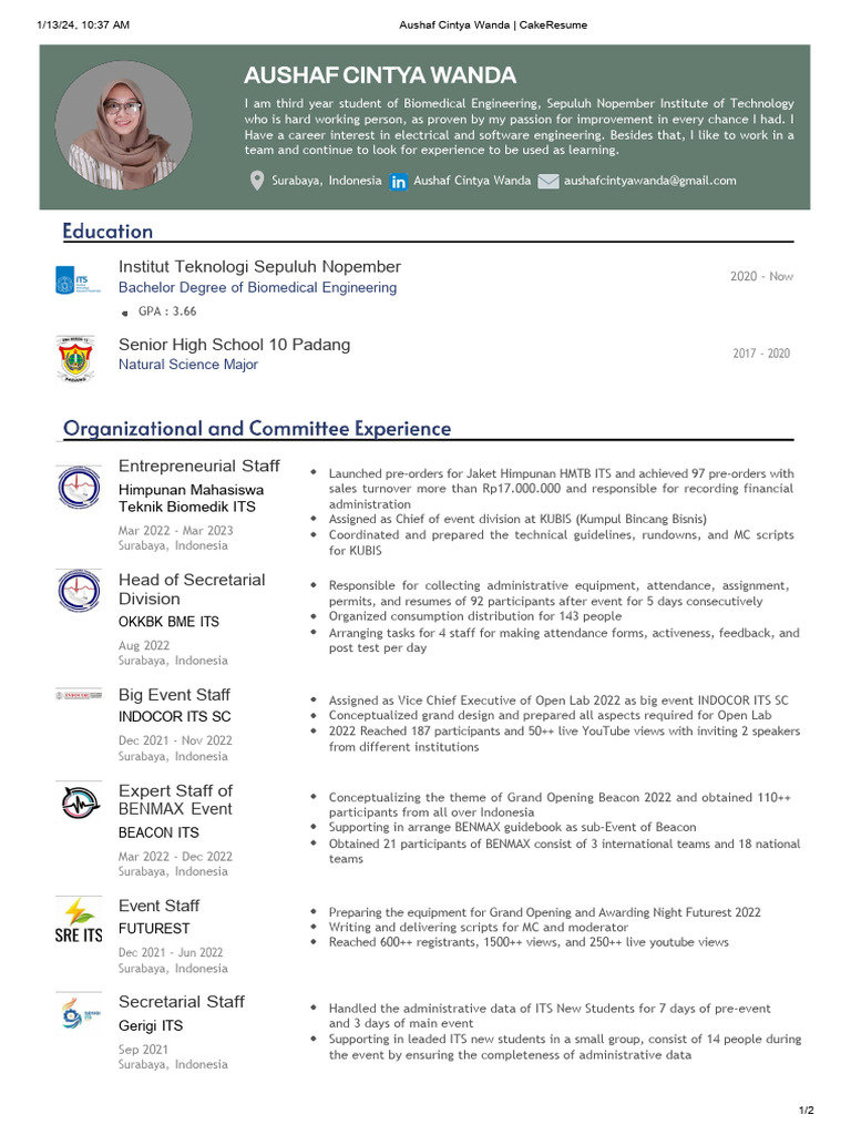 Aushaf Cintya Wanda - CakeResume | PDF | Biomedical Engineering | Engineering