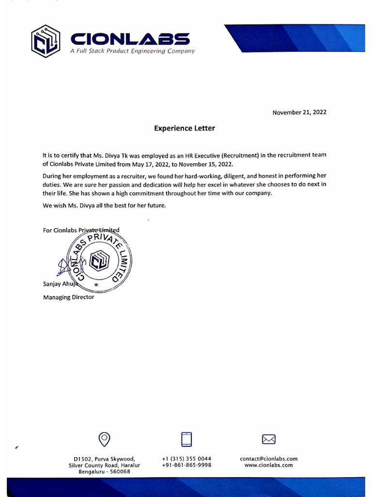 Divya Experience Letter 2023 August (1) | PDF