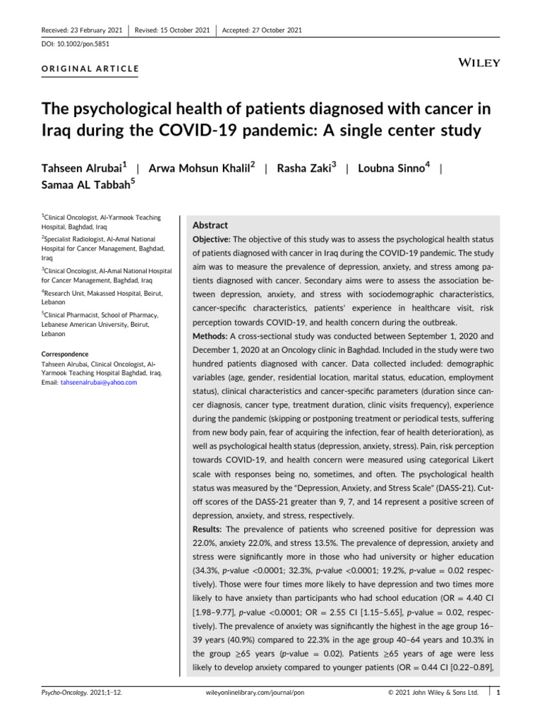 9-The Psychological Health of Patients Diagnosed With Cancer in Iraq ... 9-The Psychological Health of Patients Diagnosed With Cancer in Iraq ...