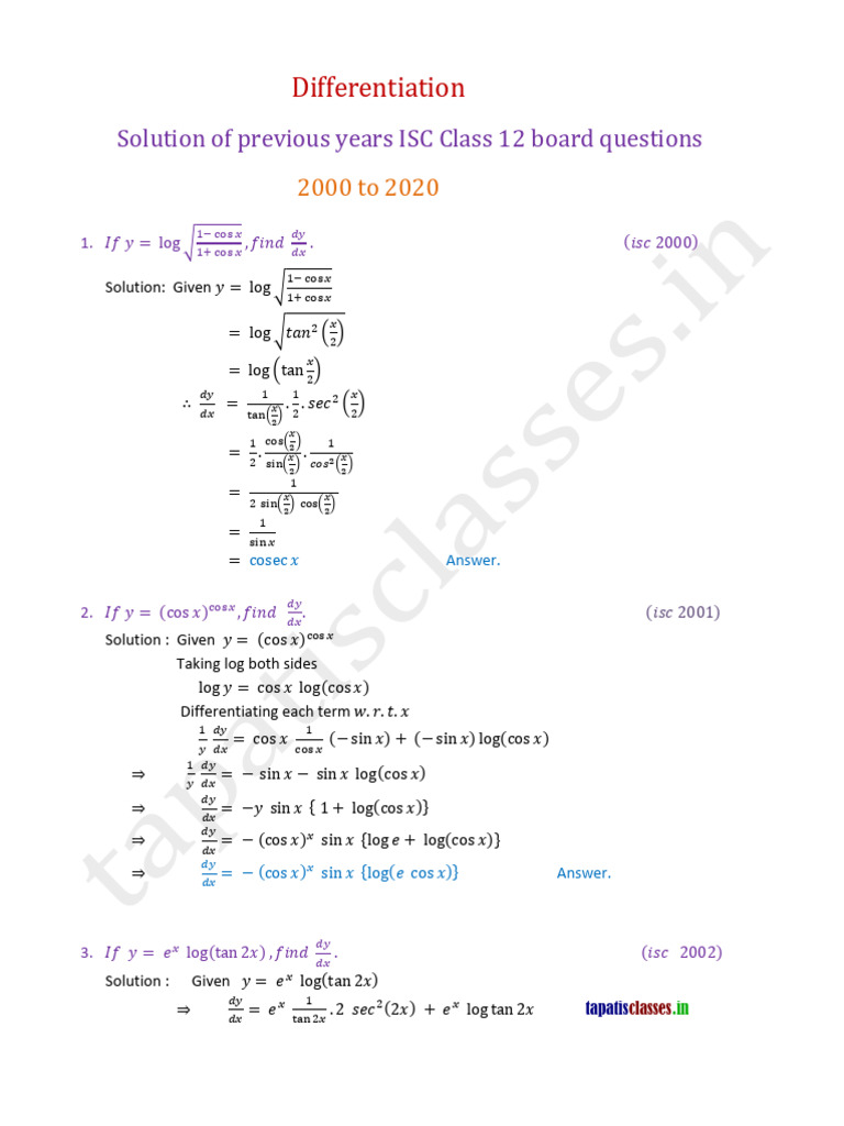 ISC Class 12 Differentiation Solutions | PDF | Mathematical Physics | Rates