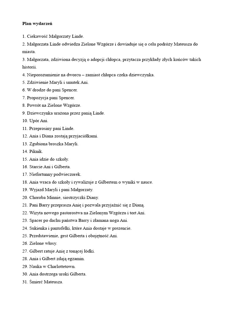 Ania Z Zielonego Wzgórza - Plan Wydarzeń | PDF