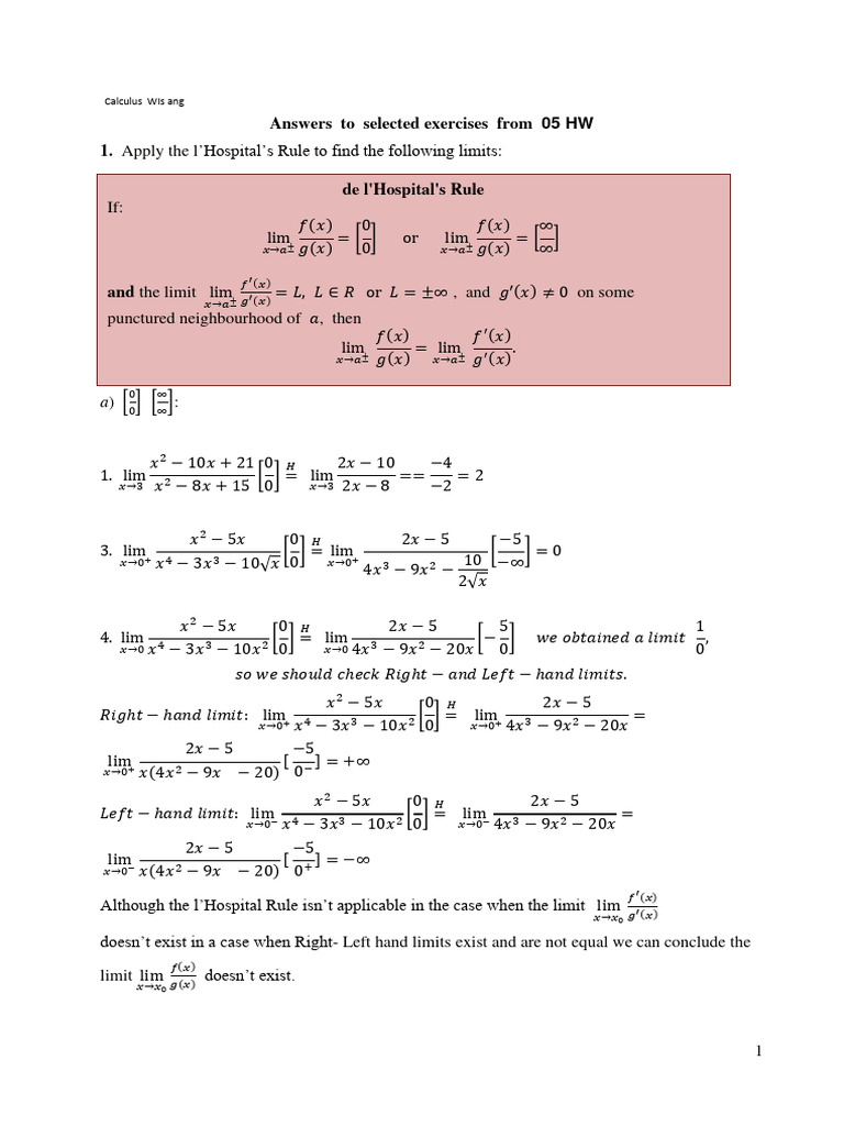 05 HW LHospital Solutions | PDF | Mathematics | Mathematical Concepts