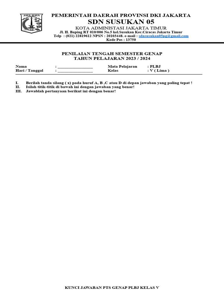 Soal PTS Kelas 5 PLBJ Semester 2 - 2023-2024 | PDF