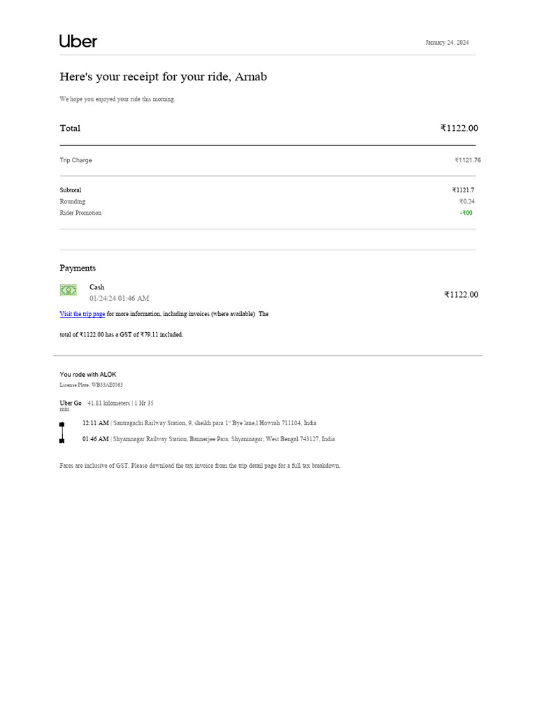 Uber Ride Receipt - Howrah Trip | PDF