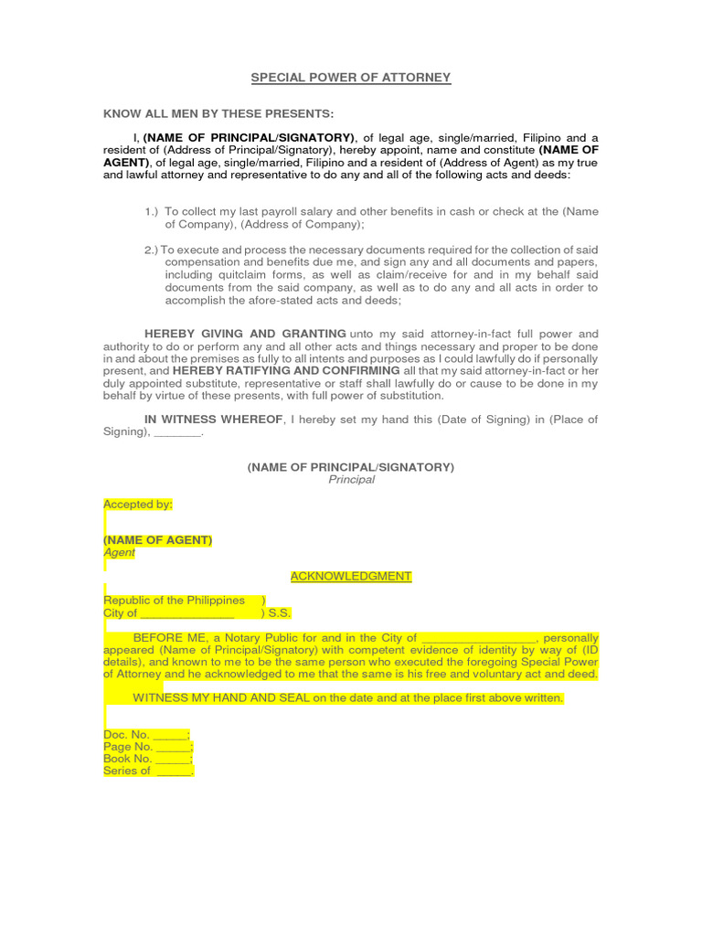 SPECIAL POWER OF ATTORNEY - Template | PDF
