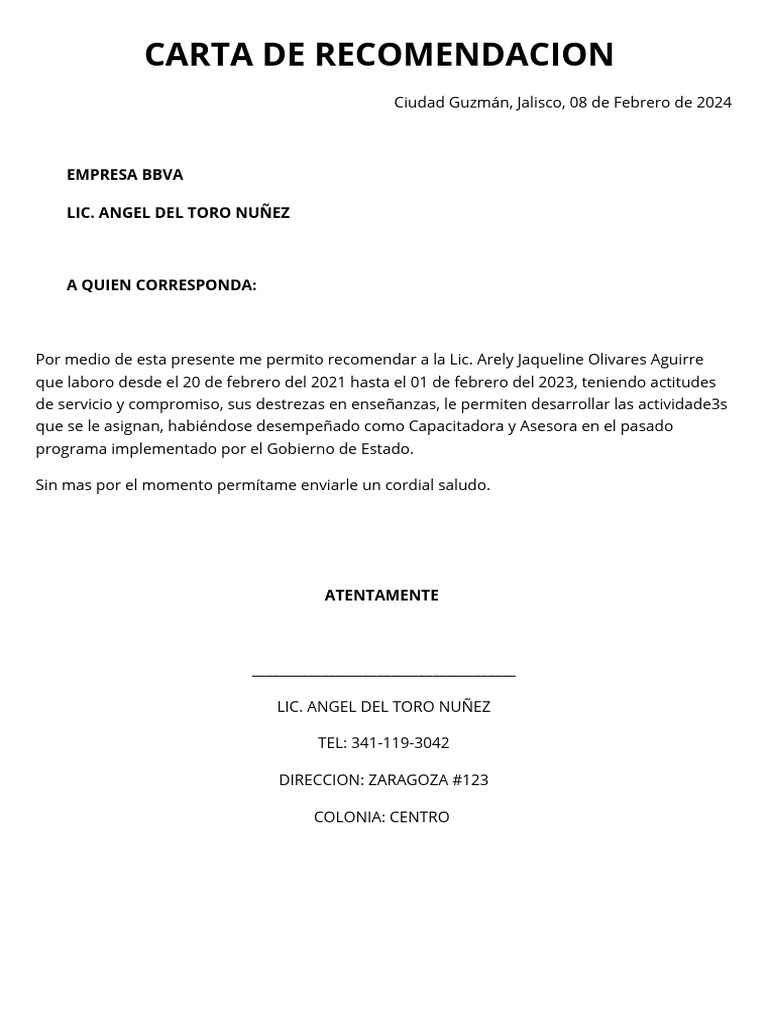 Recomendación para Arely Olivares | PDF