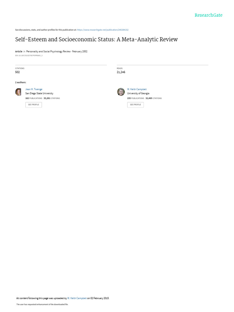 Self-Esteem and Socioeconomic Status | PDF | Socioeconomic Status ...