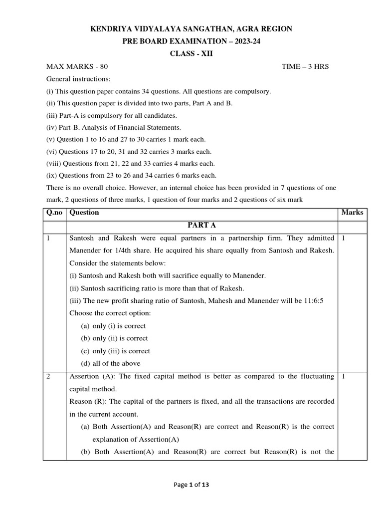 KVS Agra XII ACC QP & MS (Pre-Board) 23-24 | PDF | Balance Sheet | Equity (Finance)