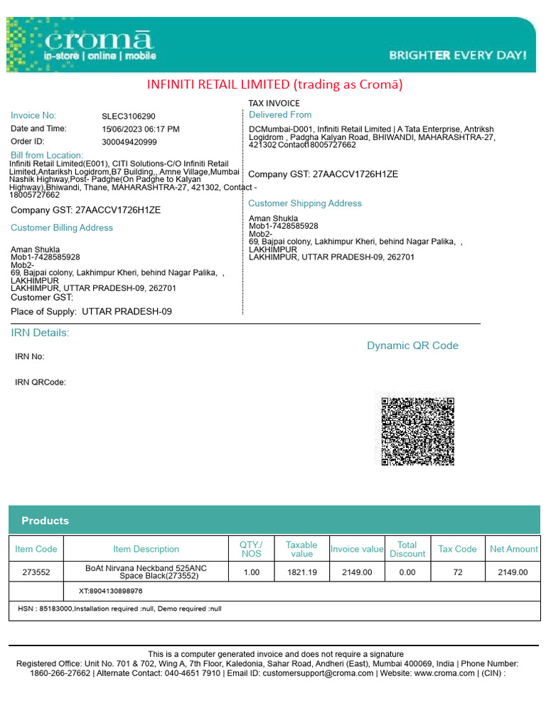 INFINITI RETAIL LIMITED (Trading As Cromā) : Tax Invoice | PDF | Invoice | Payments