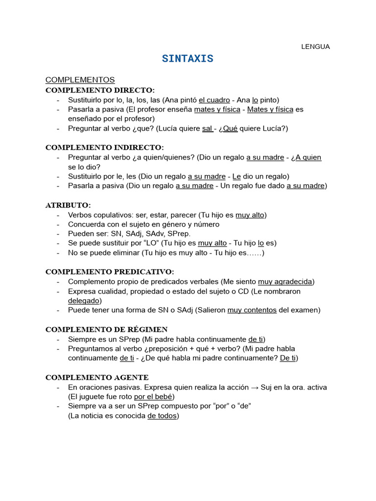 Sintaxis: Complementos y Tipos de Oraciones | PDF | Verbo | Asunto ...