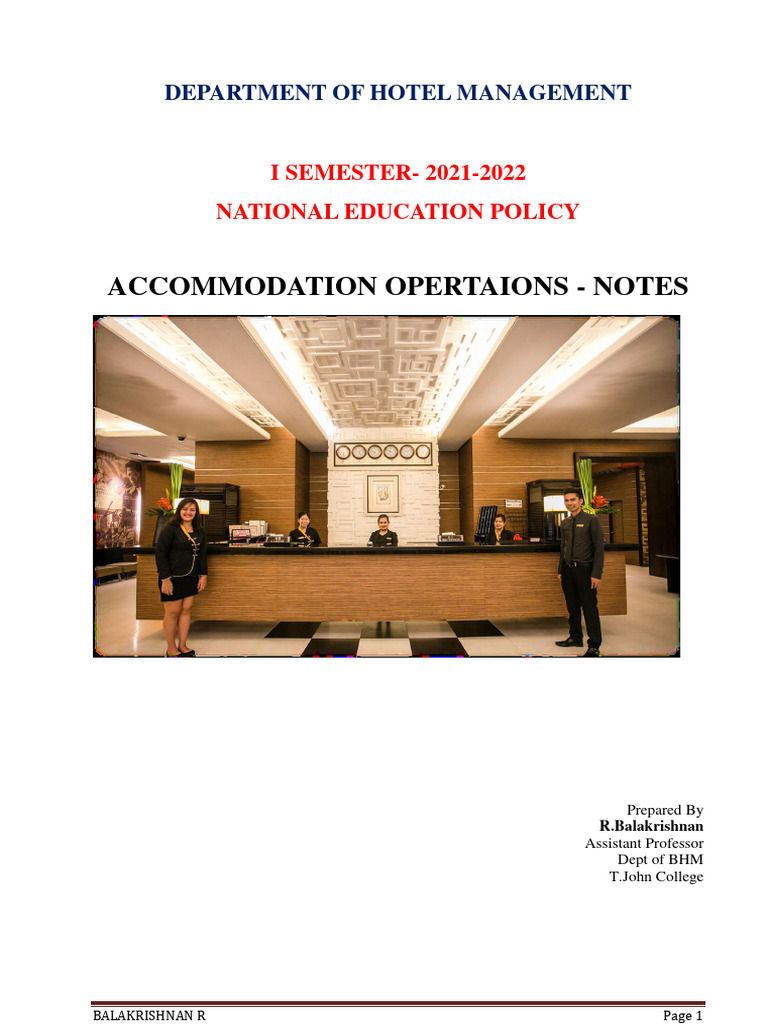 Accommodation Operations Notes for Hospitality | PDF | Hotel | Tourism