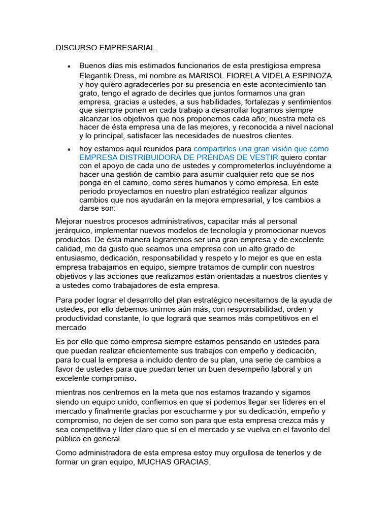 DISCURSO EMPRESARIAL | PDF | Business | Planificación estratégica