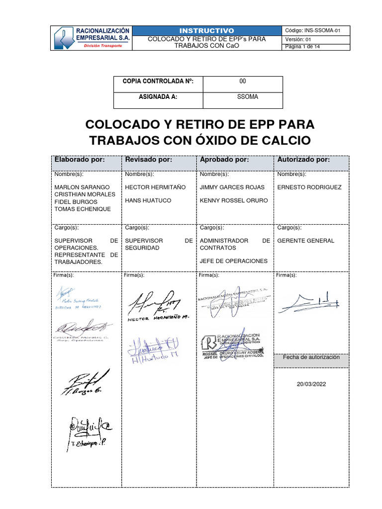 INS-SSOMA-08 Colocado de EPPs para Trabajos Con CaO | PDF