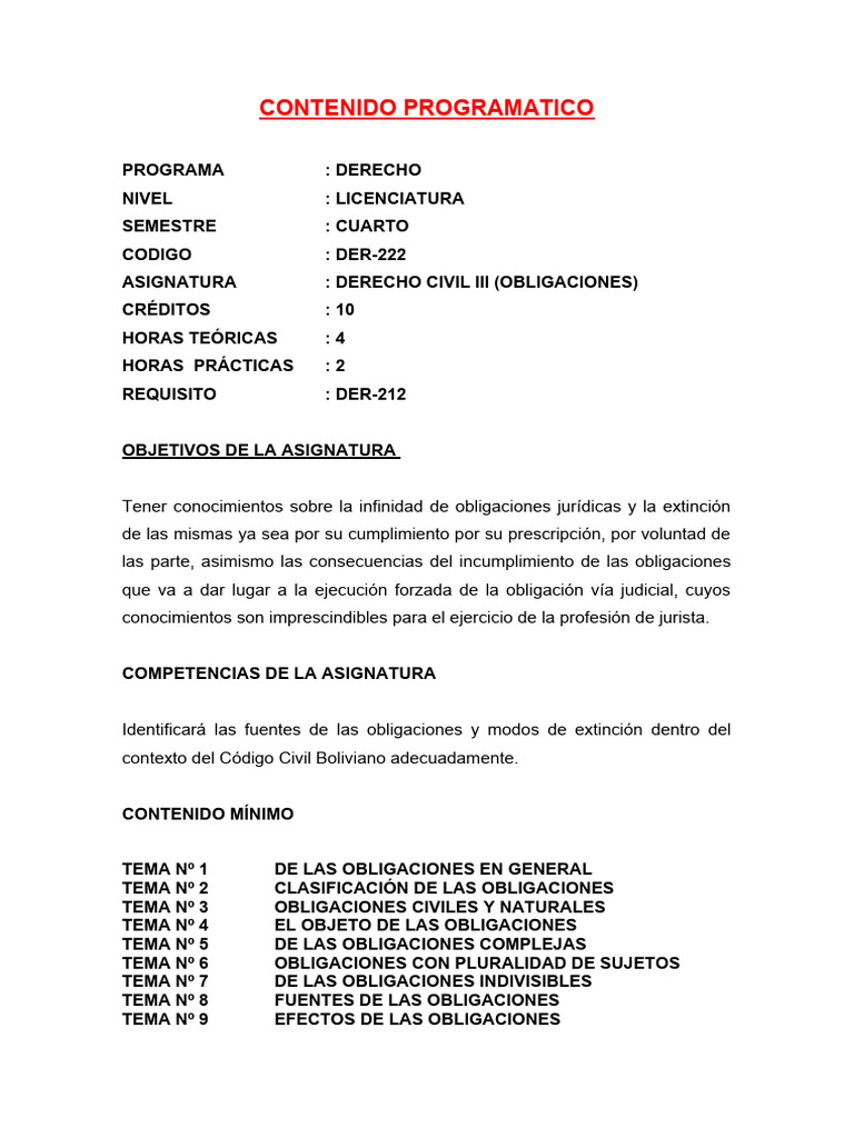 Contenido Programatico Obligaciones | PDF | Evaluación | Maestros