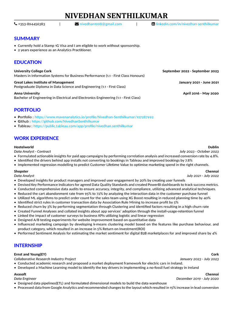 Nivedhan CV | PDF | Analytics | Data Analysis