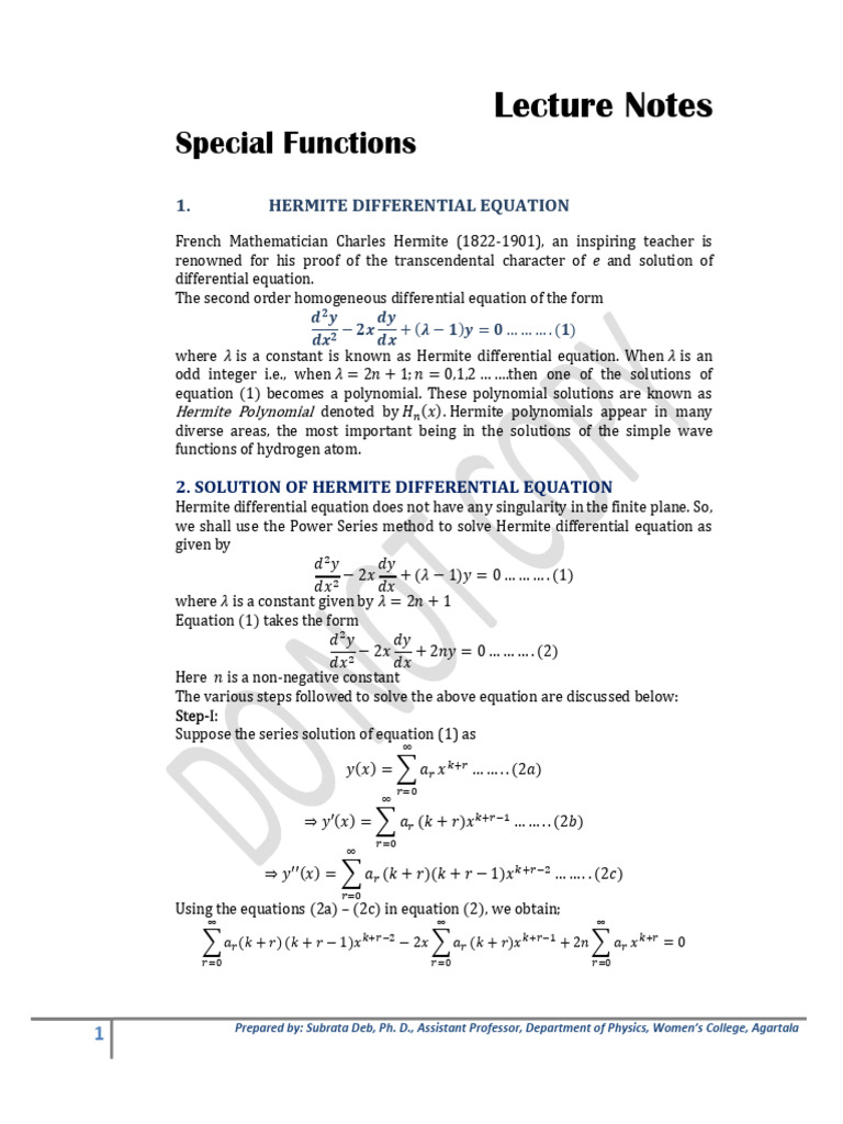 Hermite Differential Equation Solutions | PDF | Equations | Recurrence ...