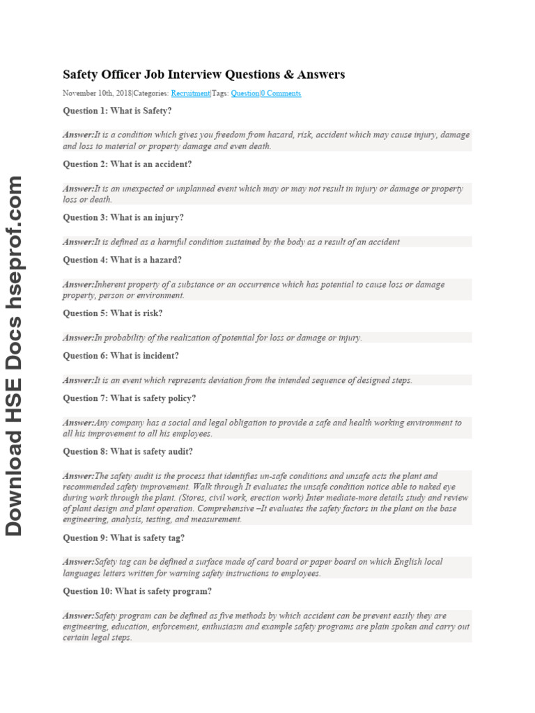 Safety Officer Interview Q&A Guide | PDF | Safety | Personal Protective ...