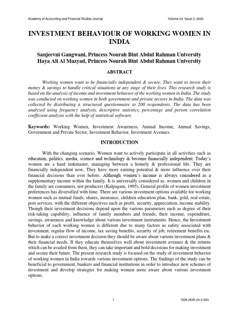 Investment Behaviour of Working Women in India 1528 2635 24-3-553.PDF PROJECT | PDF | Investing ...