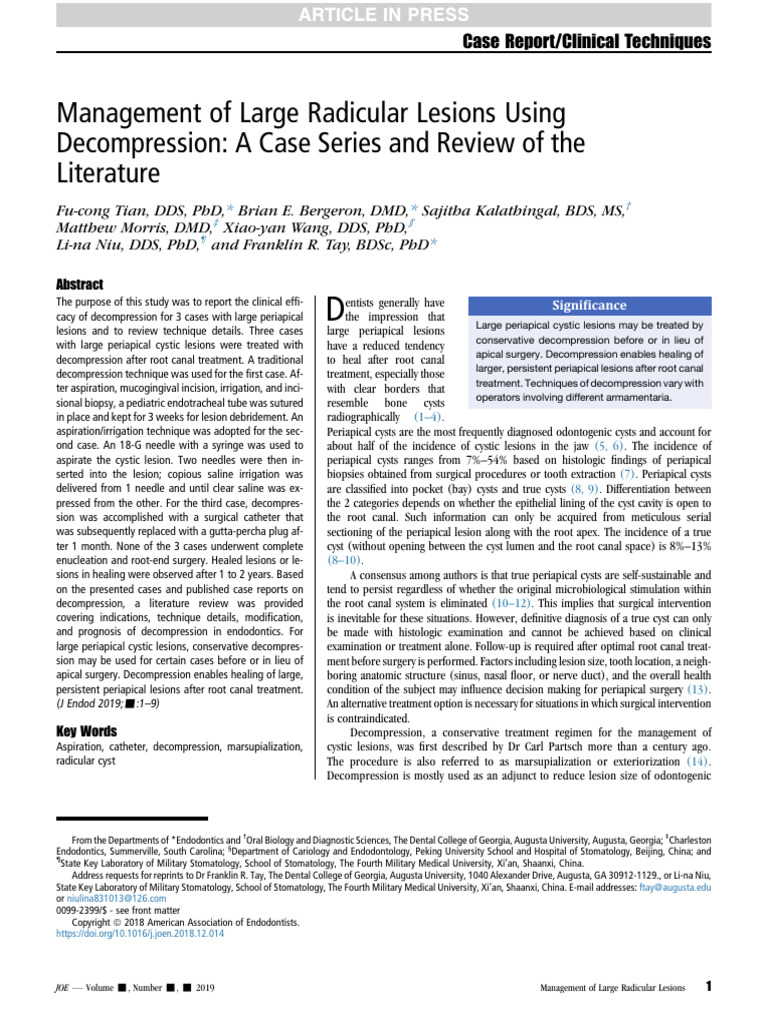 Management of Large Radicular Lesions Using Decompression | PDF | Dental Anatomy | Medical ...