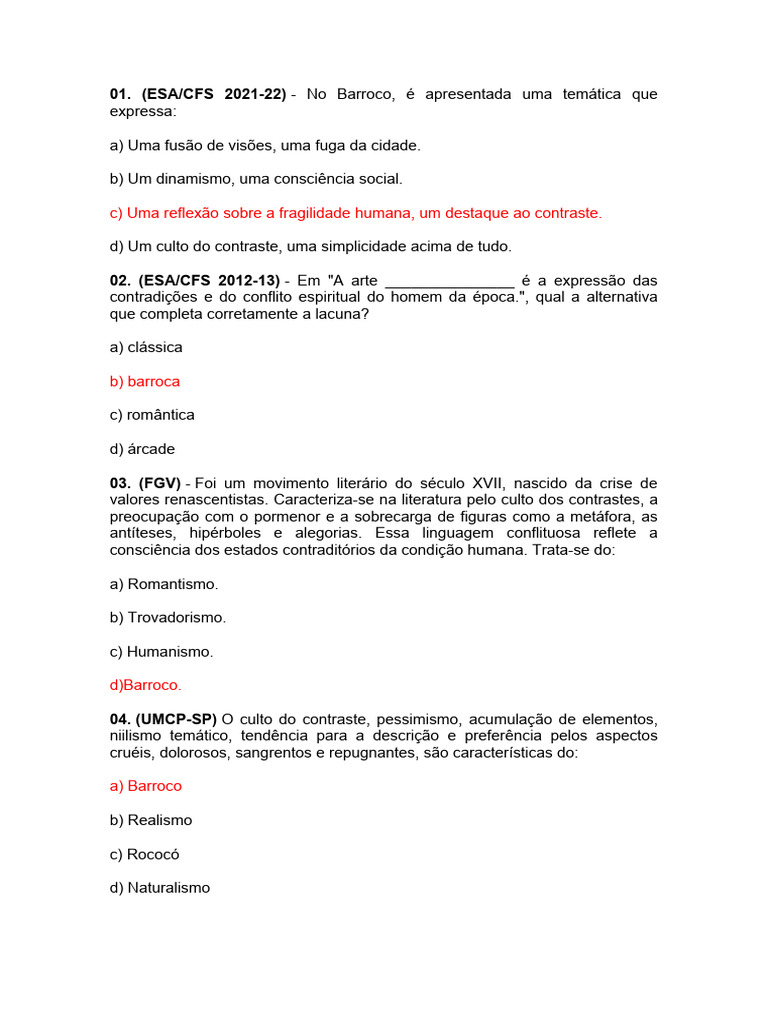 Provinha 2 Série | PDF | Barroco | Romantismo