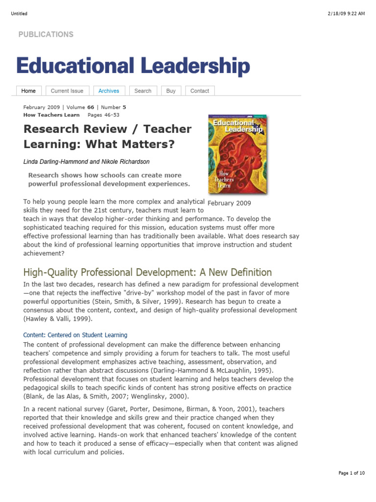 Darling-Hammond, L. and Richardson, N. (2009) - Teacher Learning. | PDF ... Darling-Hammond, L. and Richardson, N. (2009) - Teacher Learning. | PDF ...