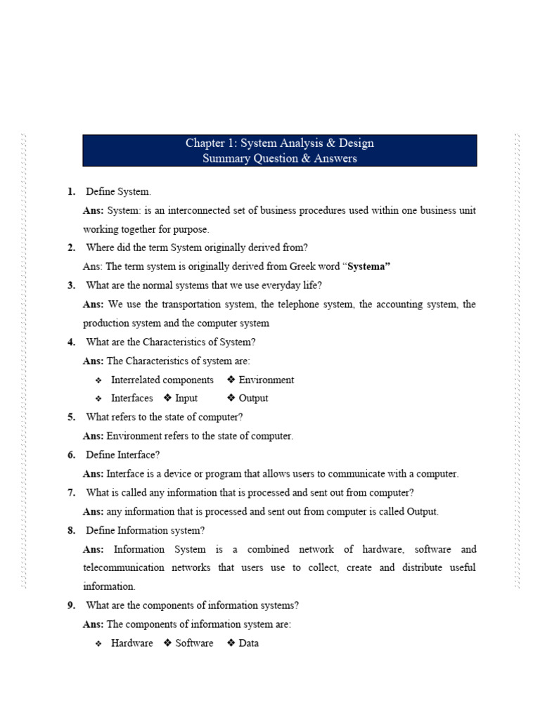 Chapter 1: System Analysis & Design Summary Question & Answers | Download Free PDF | Software ...