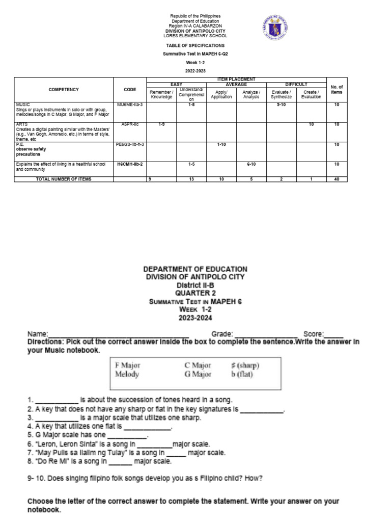 ST1 - Mapeh 6 - Q2 | PDF | Image Scanner | Computing