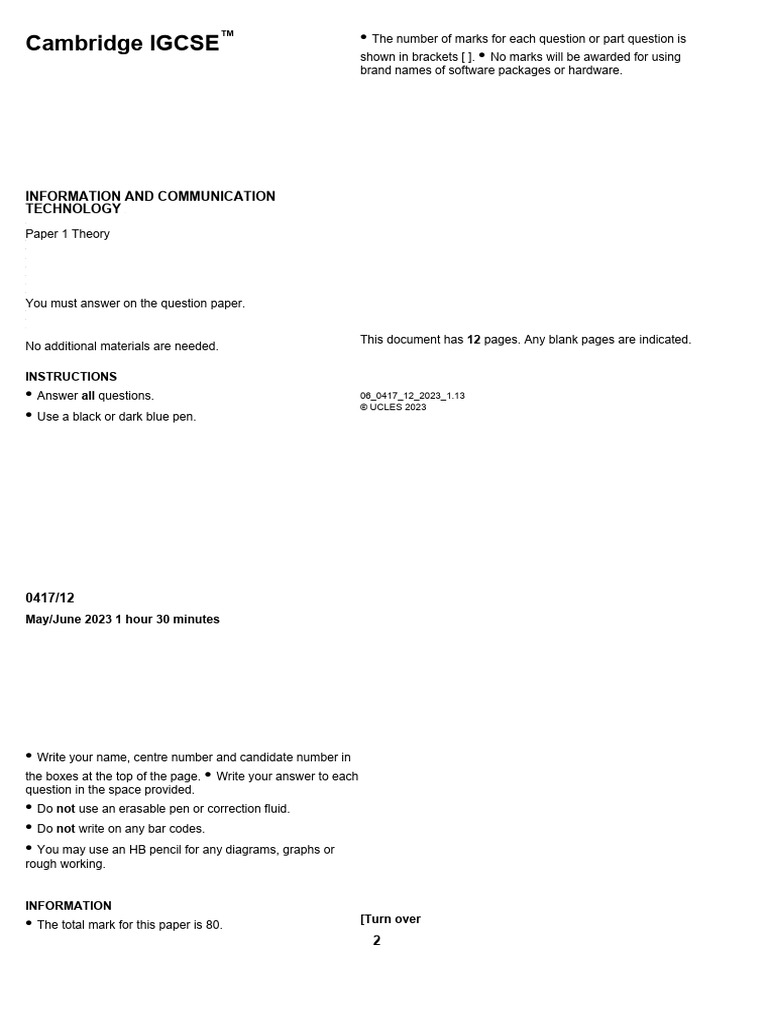 IGCSE - ICT - Paper 1 Theory - Paper 12 | PDF | Computer Data Storage ...