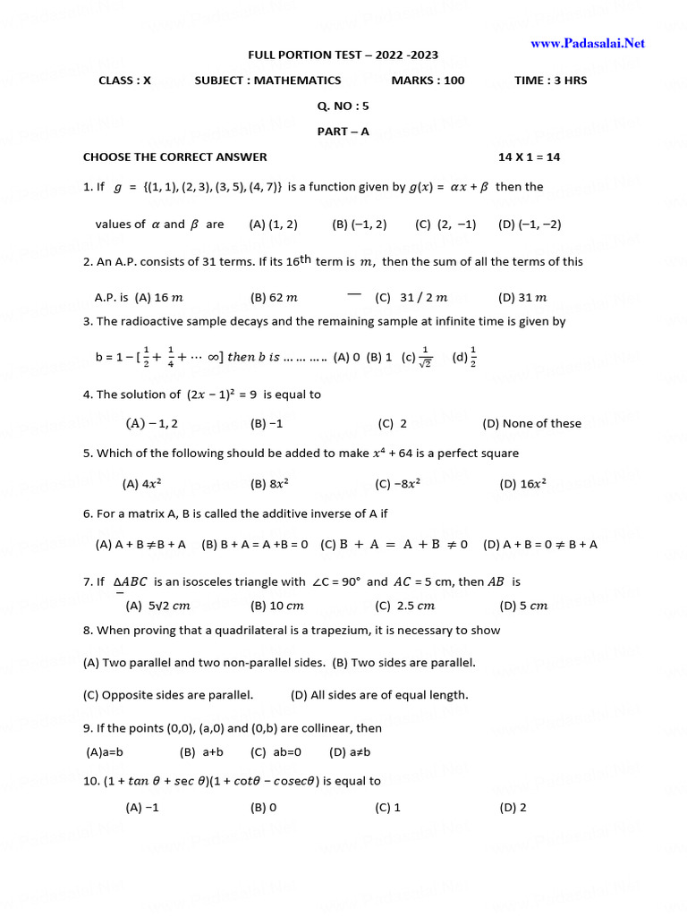 10th Maths Full Portion Test Question Paper 2022 2023 English Medium ...