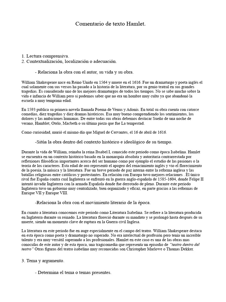 Comentario de Texto Hamlet. | PDF | Aldea | William Shakespeare