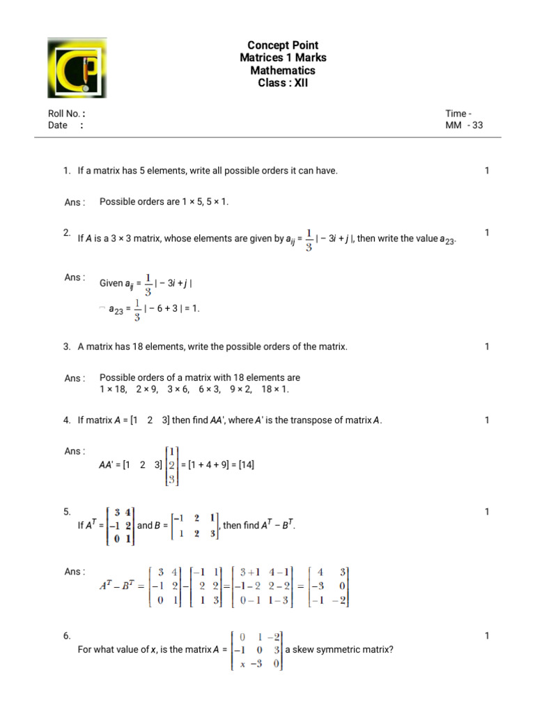 Matrices 1 Marks Answers | PDF | Matrix (Mathematics) | Linear Algebra