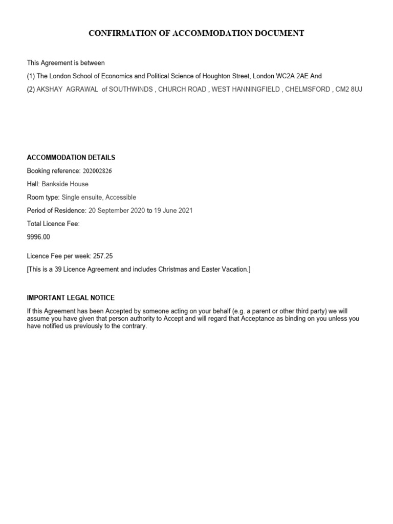 LSE Accommodation Confirmation Agreement | PDF | Payments | Cheque