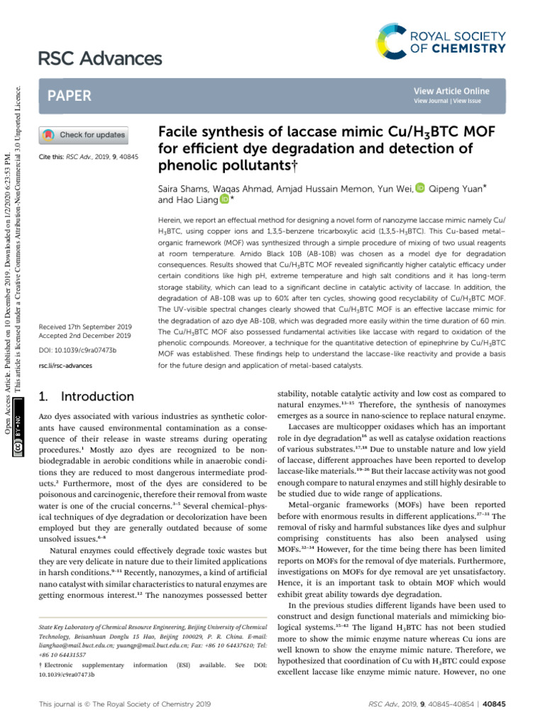 Facile Synthesis of Laccase Mimic Cu-H3BTC MOF | PDF | Ph | Enzyme