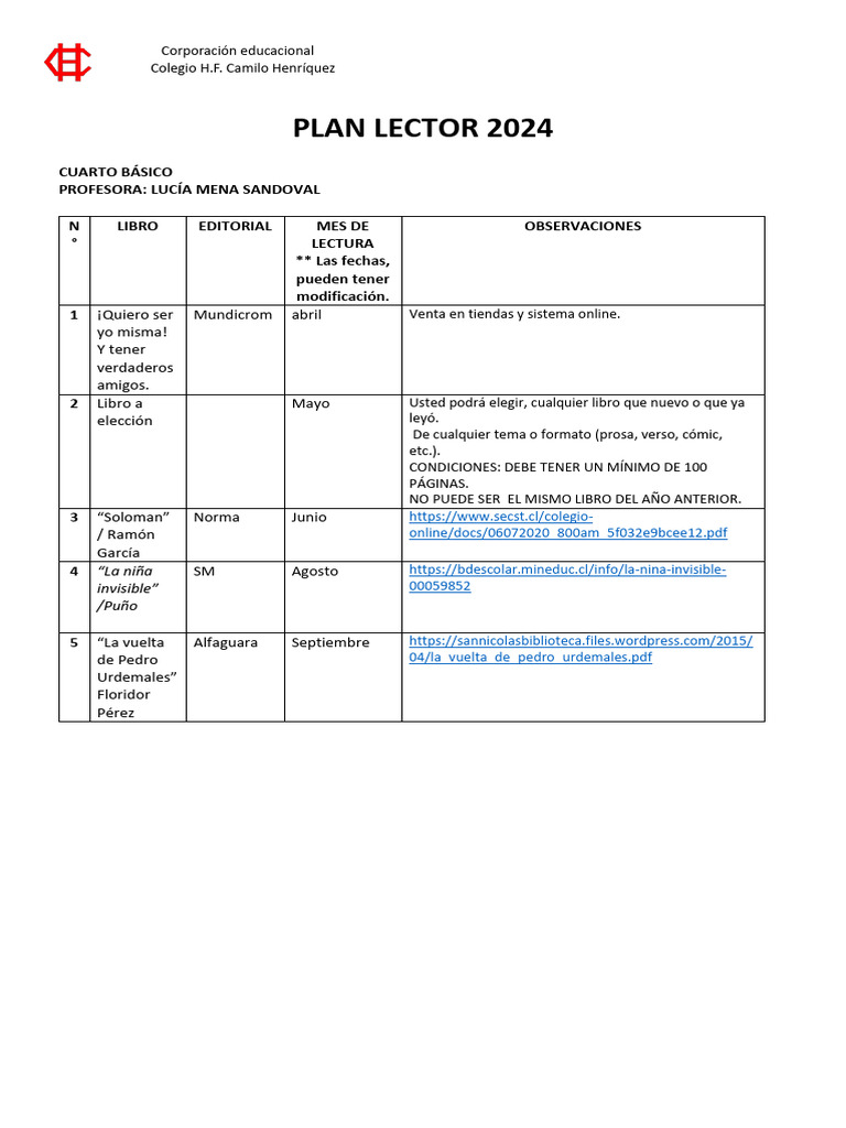 Cuarto - Basico - Plan - Lector - 2024 | PDF