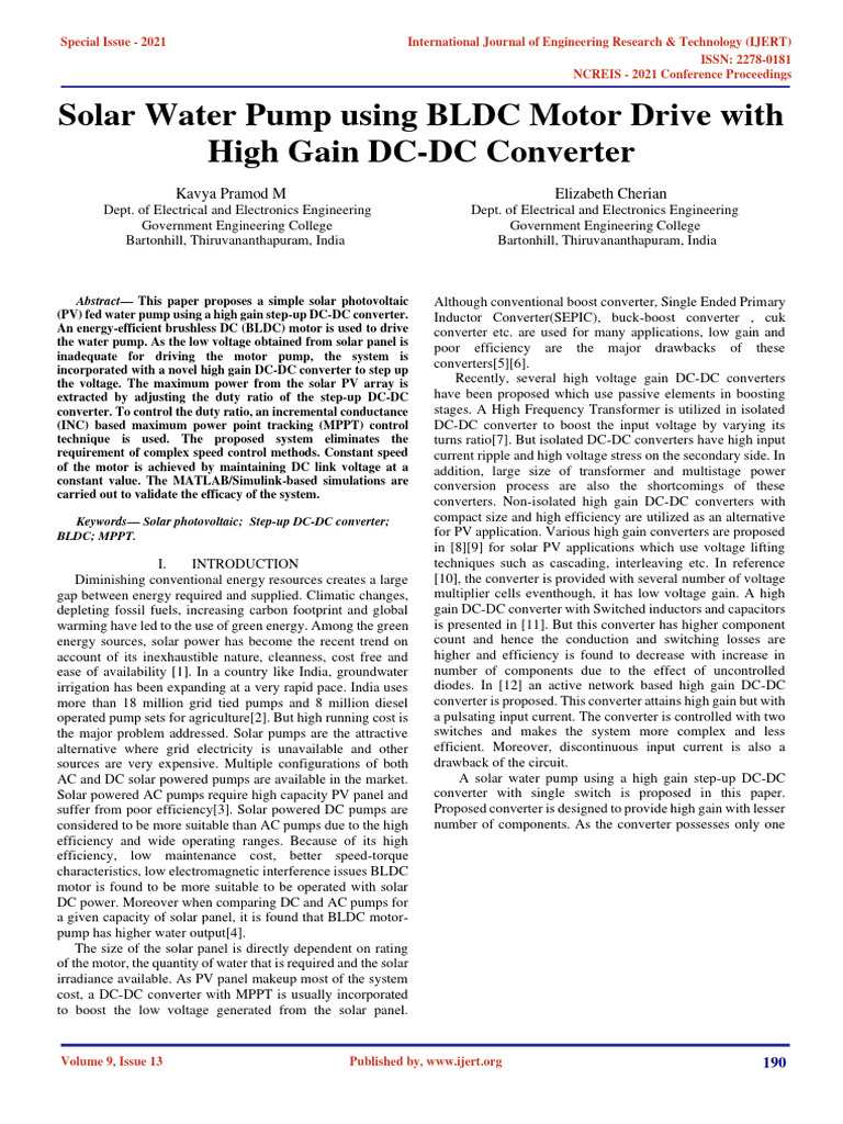 Solar Water Pump Using BLDC Motor Drive With High Gain DC DC Converter IJERTCONV9IS13040 | PDF ...