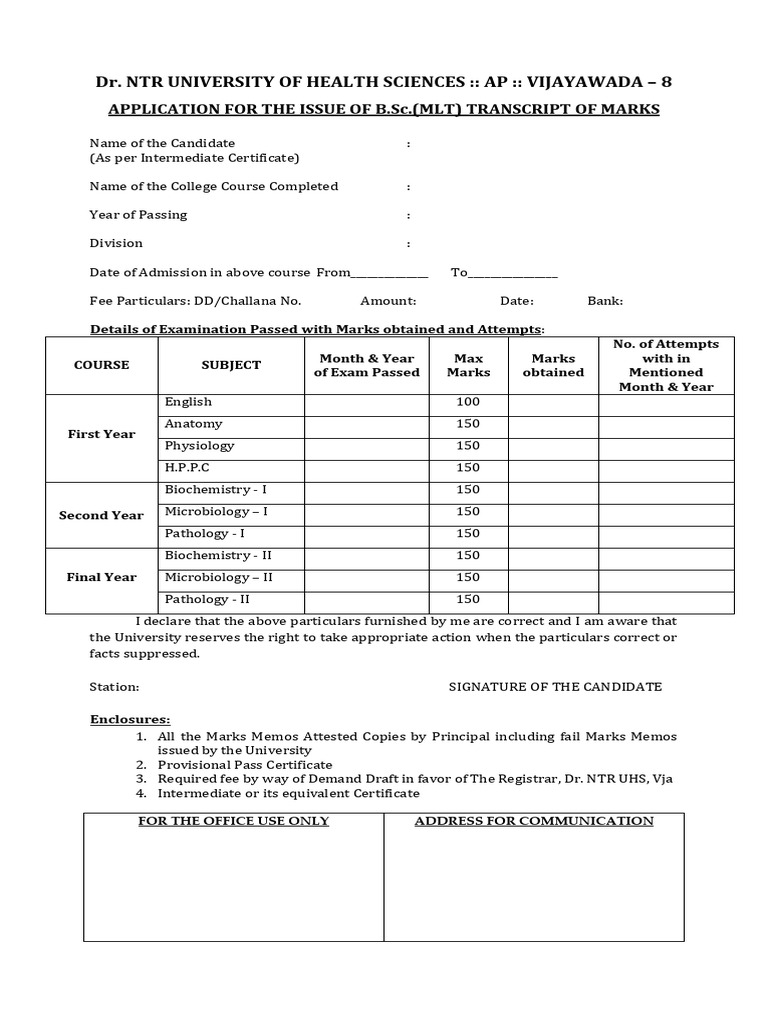 B.SC., (MLT) - Transcript Application Form | PDF