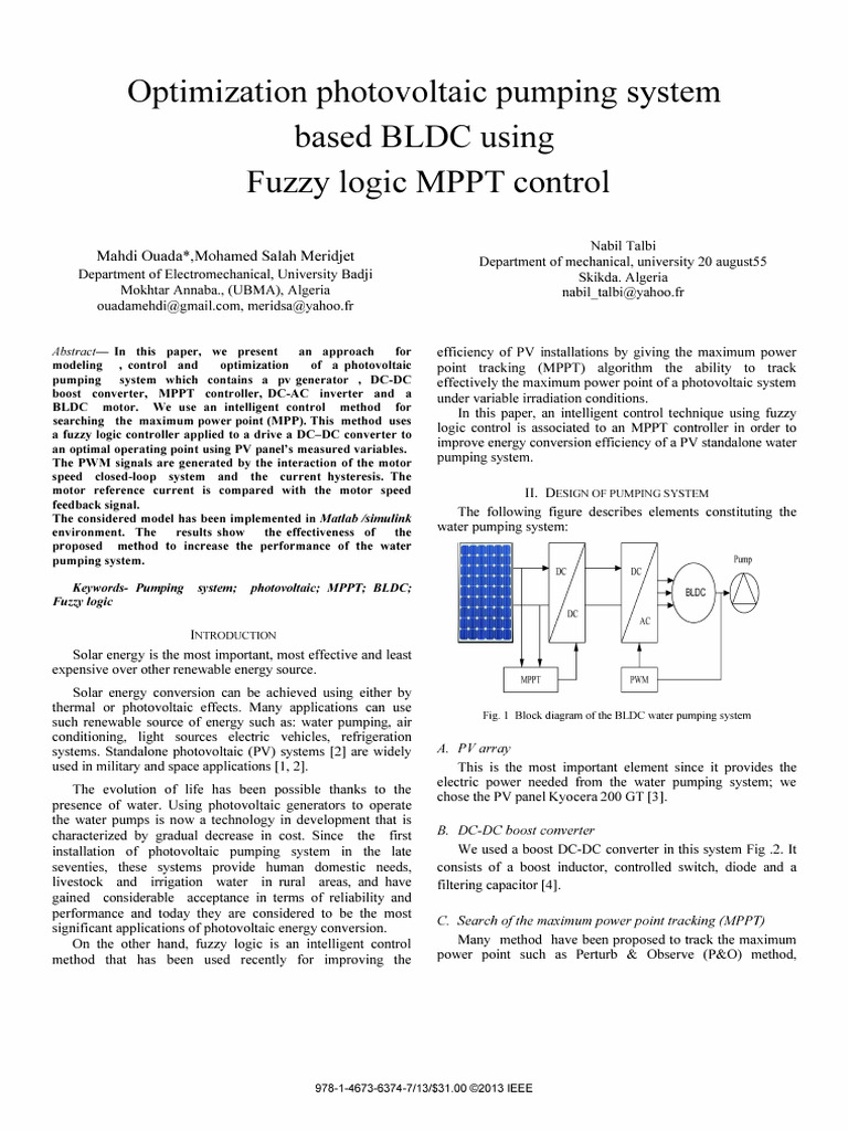 Optimization Photovoltaic Pumping System Based BLDC Using Fuzzy Logic MPPT Control | Download ...