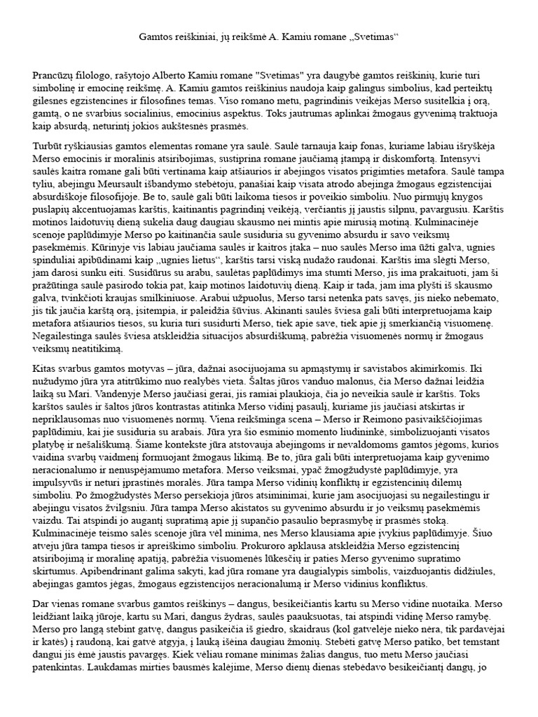Gamtos Reiškiniai, Jų Reikšmė A. Kamiu Romane Svetimas" | PDF