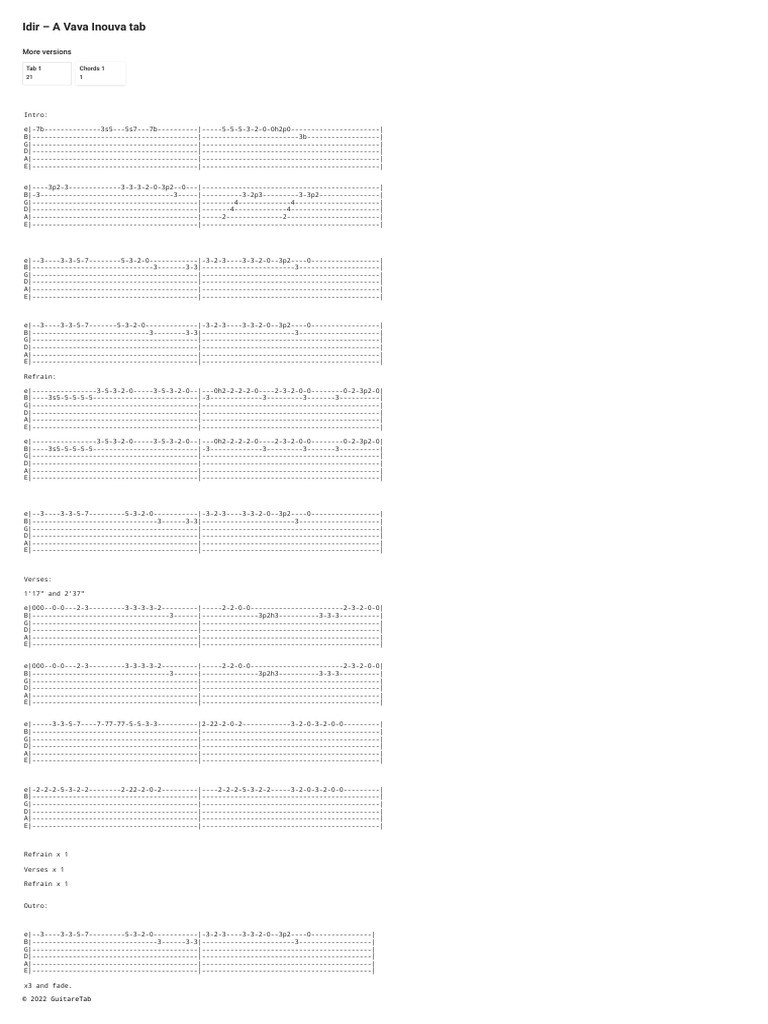 Guitar Tab for "A Vava Inouva" | PDF | Song Structure | Musical Compositions