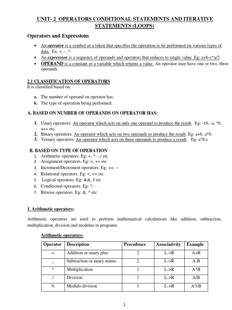 C Programming Unit 2 Part 1 Notes Operators And Conditional Statements Pdf Control Flow