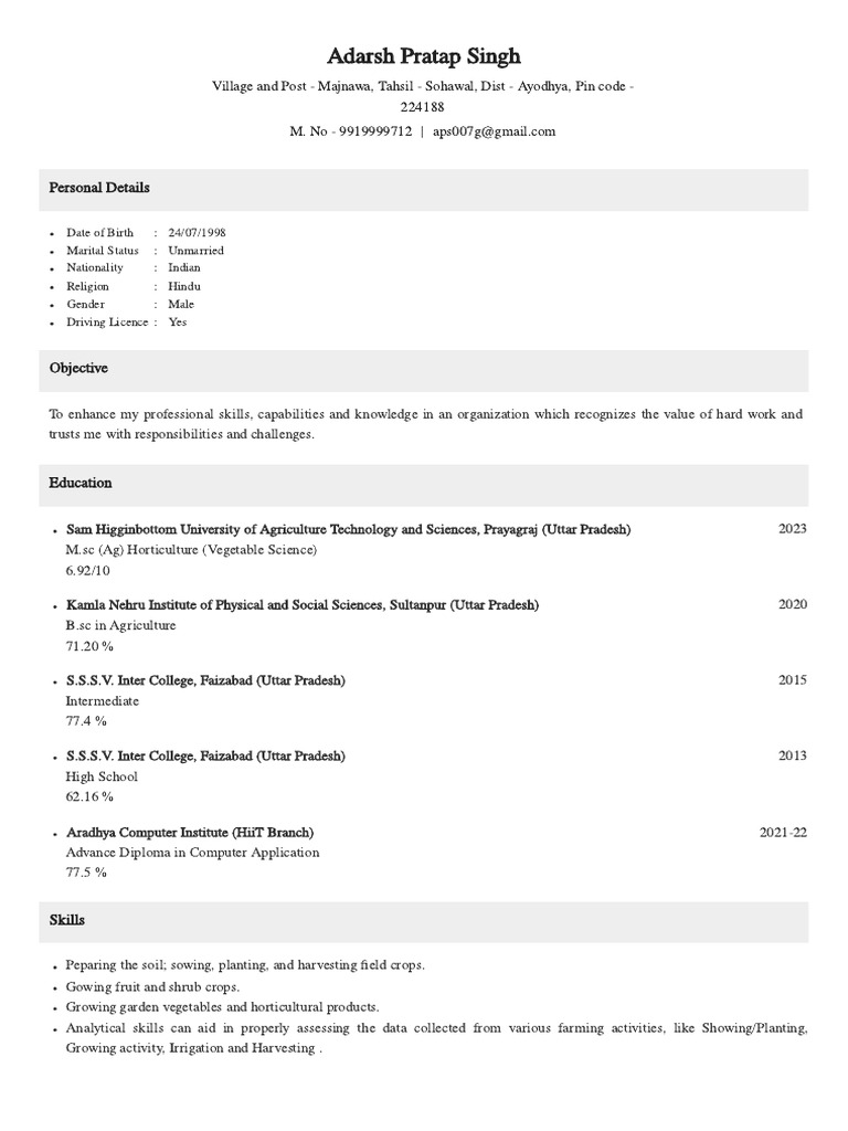 CV Adarsh Singh | PDF | Agriculture | Horticulture