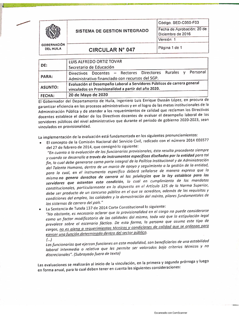 Circular No 047 de 2020 EVALUACION PROVISONALES | PDF