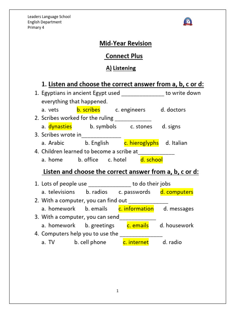 Grade 4 Connect Plus Mid Year Revision (Model Answer) PDF | PDF