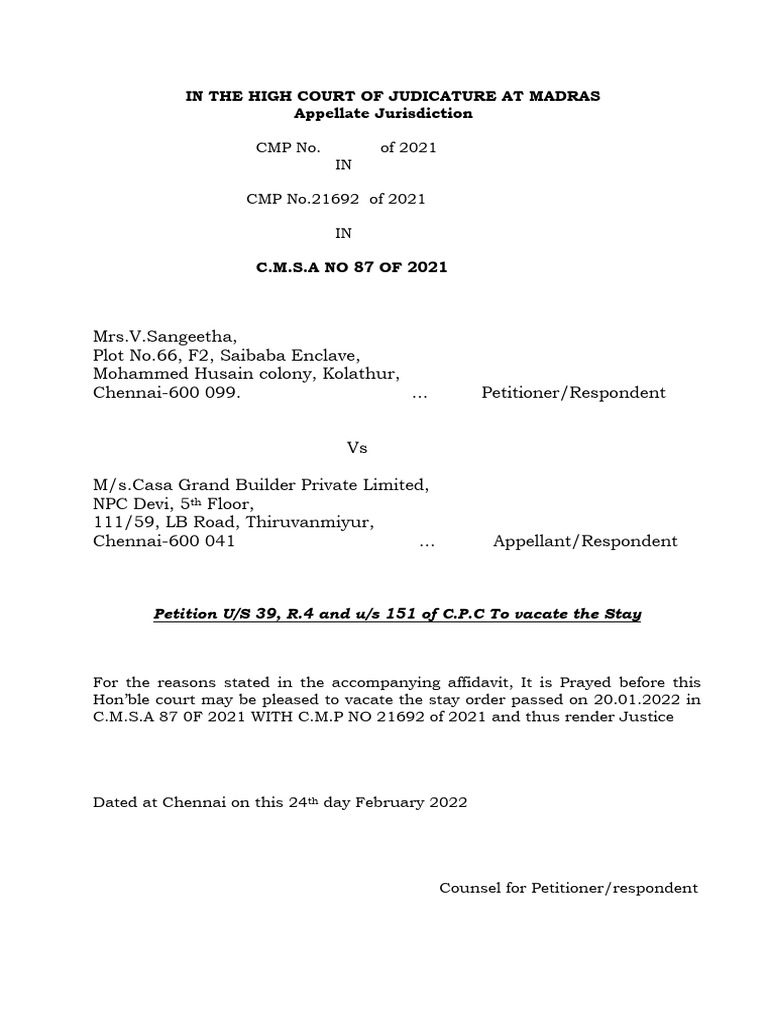 Petition to Vacate Stay Order | PDF | Government | Private Law