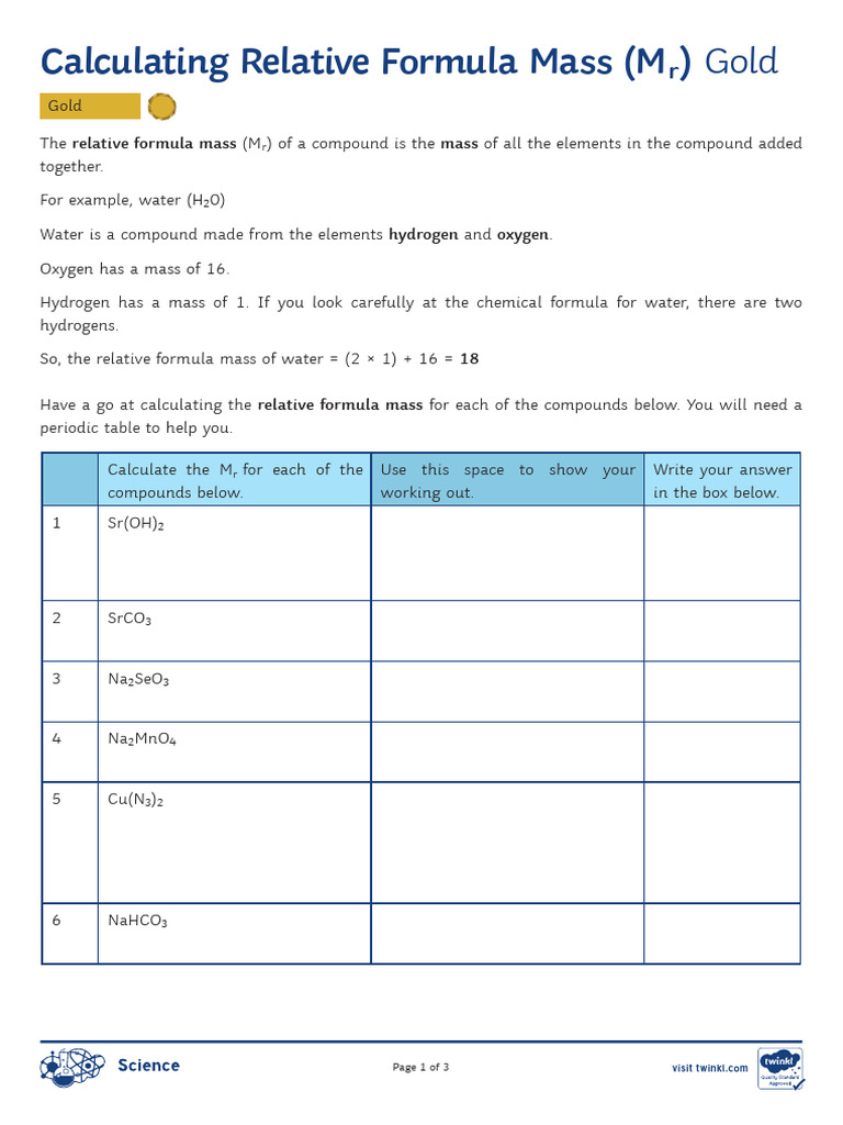 Calculating Relative Formula Mass Activity Sheet Gold | PDF | Chemical ...